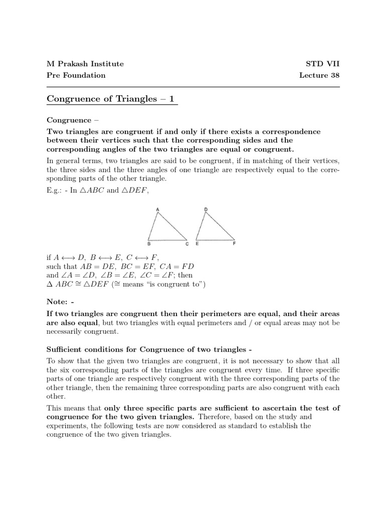 L38 Congruence of Triangles 1 | PDF | Triangle | Classical Geometry