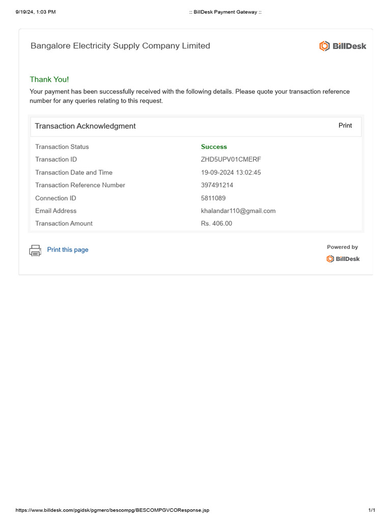 BillDesk Payment Gateway - Bescom | PDF