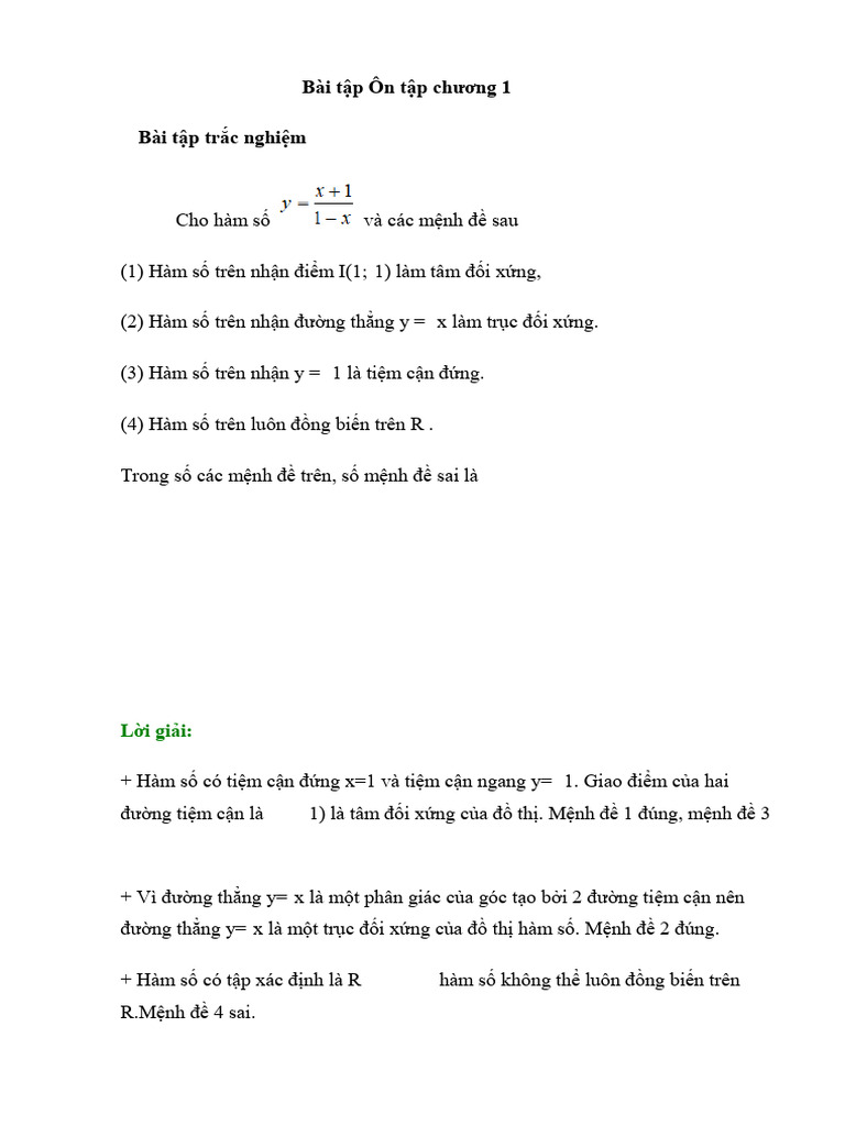 50 Bai Tap On Tap Chuong 1 Toan 12 Moi Nhat | PDF