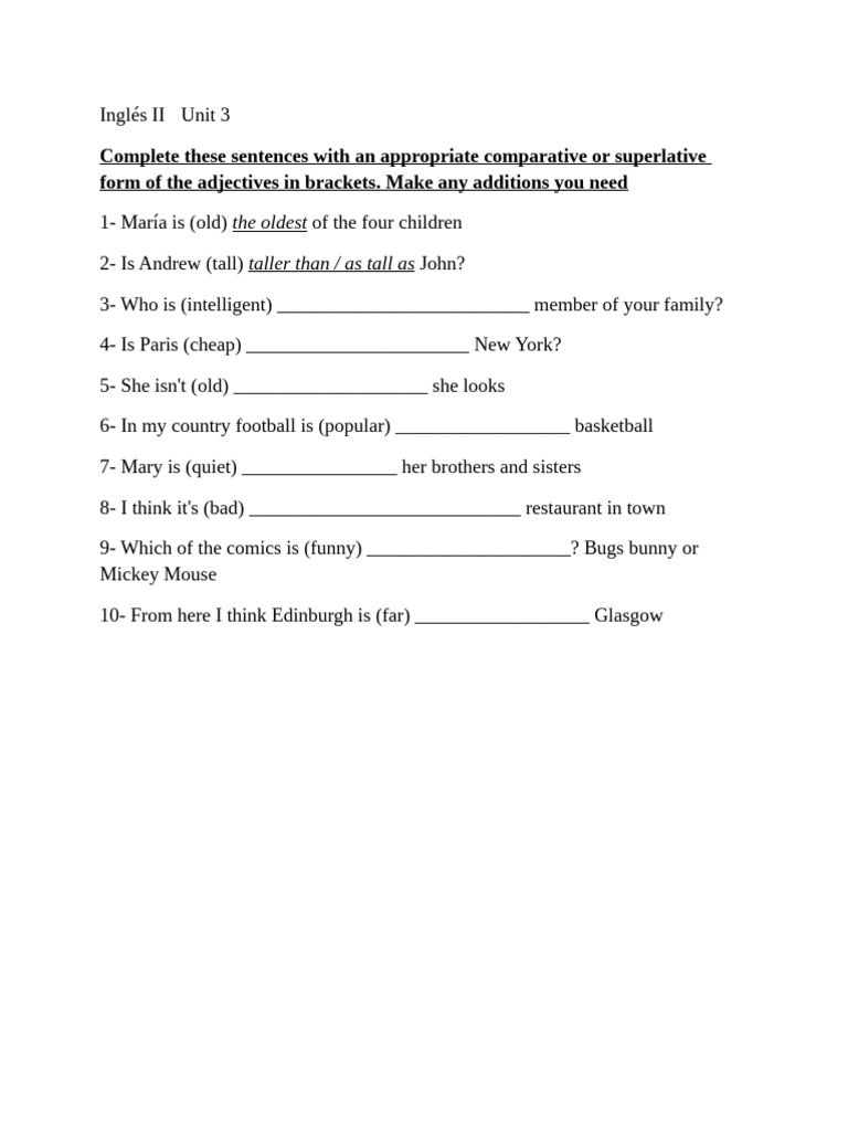 Comparative and Superlative Adjectives Exercise | PDF