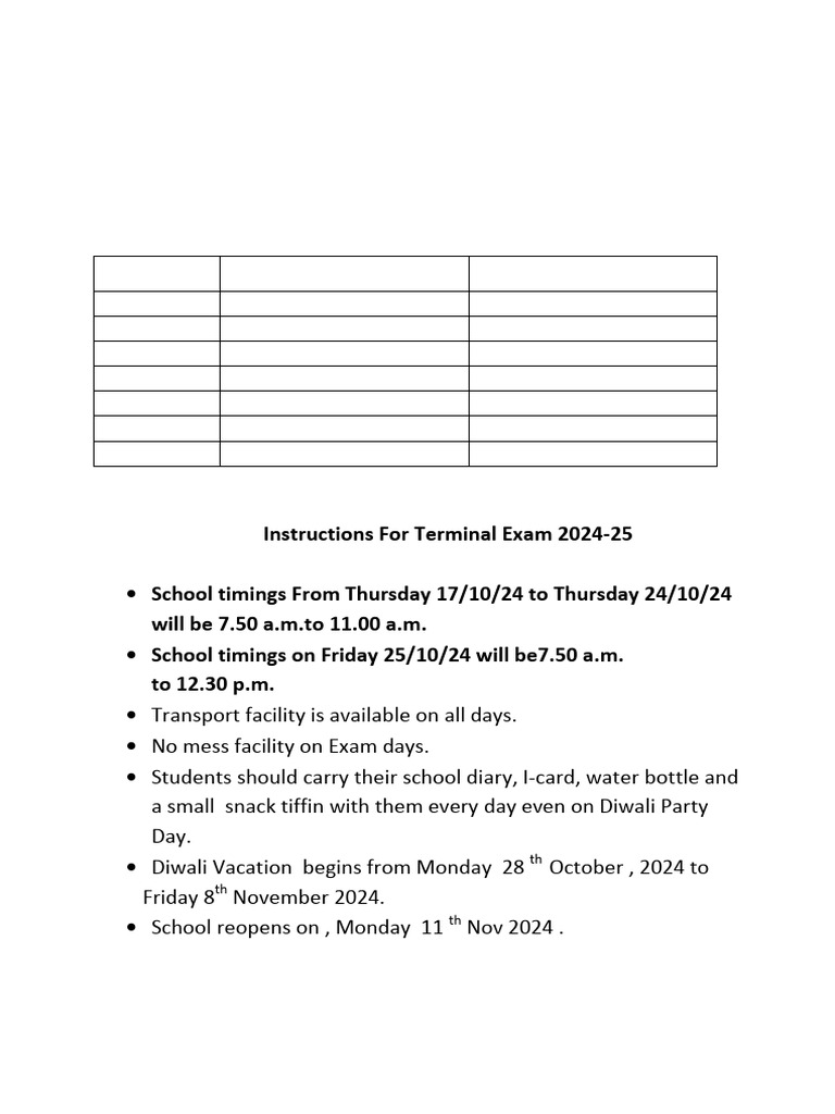 Terminal Time Table, Instructions - STD 6 | PDF