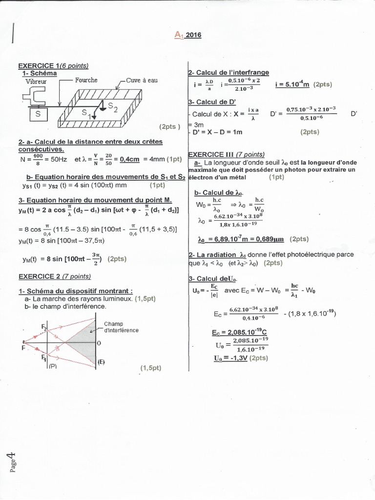 Corrigé Physique Sciences Physiques Série A1 2016 | PDF