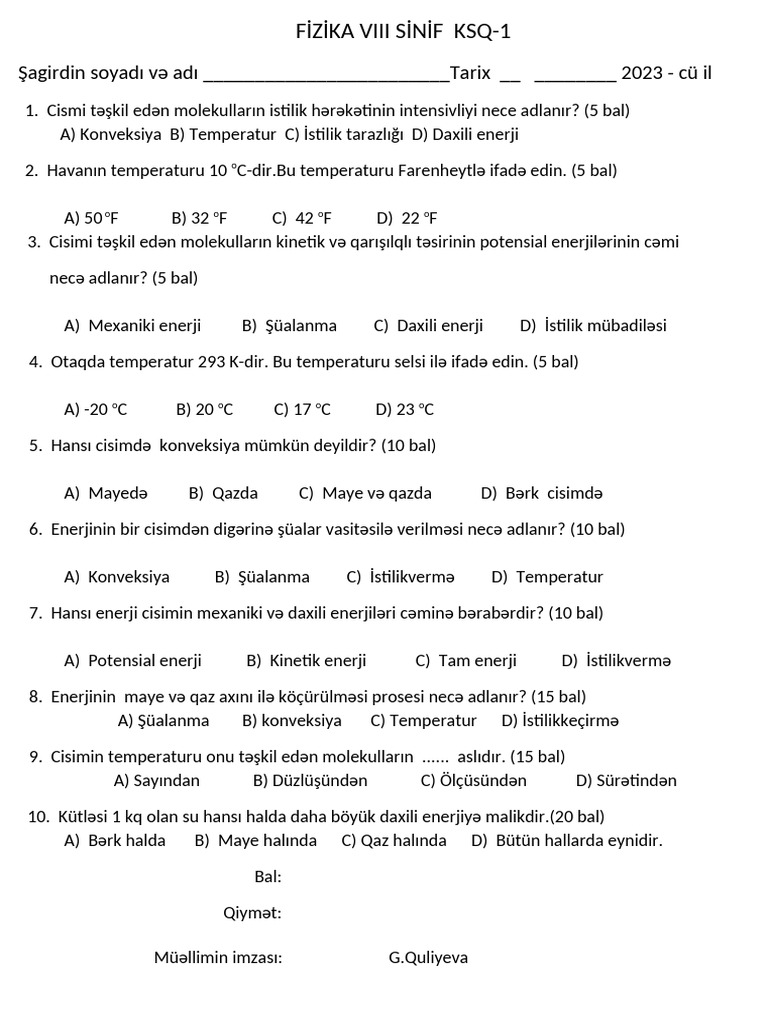Fi̇zi̇ka Viii Si̇ni̇f KSQ-1 | PDF