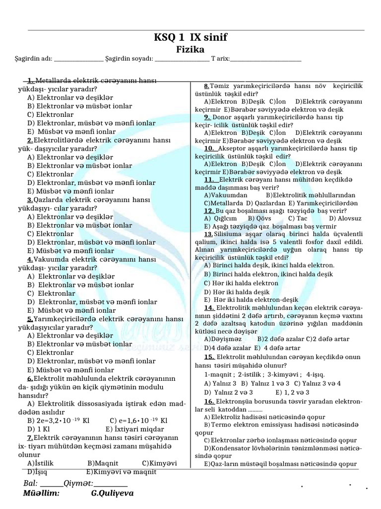 9 Sinif Fizika - KSQ 1 | PDF