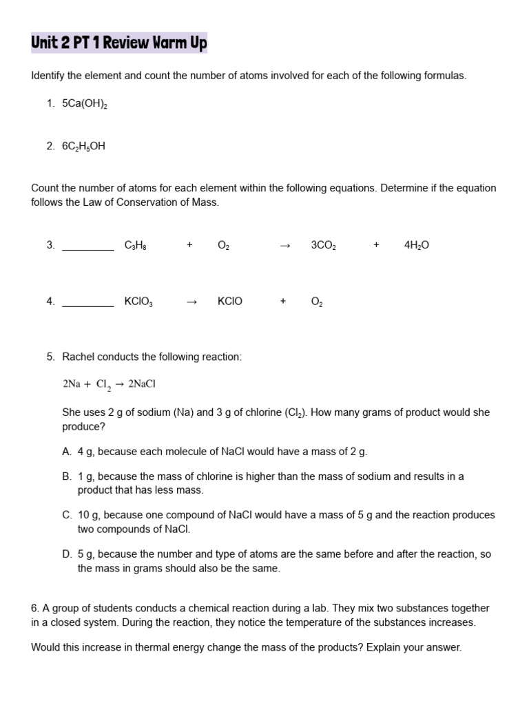 Unit 2 PT 1 Review Warm Up | PDF