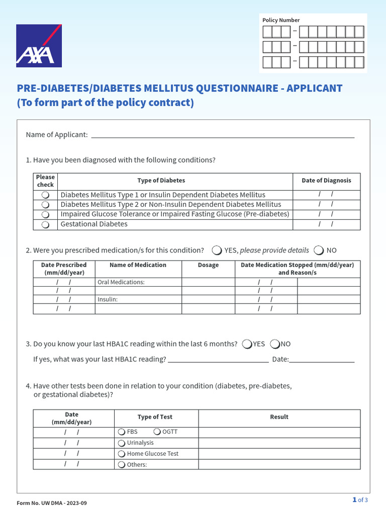 Pre-Diabetes-Diabetes Mellitus Questionnaire - Applicant 2023 | PDF ...