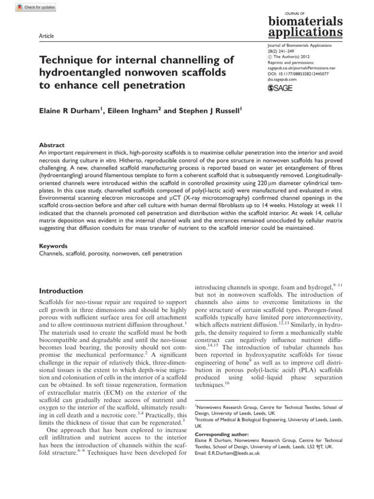 Durham Et Al 2012 Technique For Internal Channelling of Hydroentangled ...