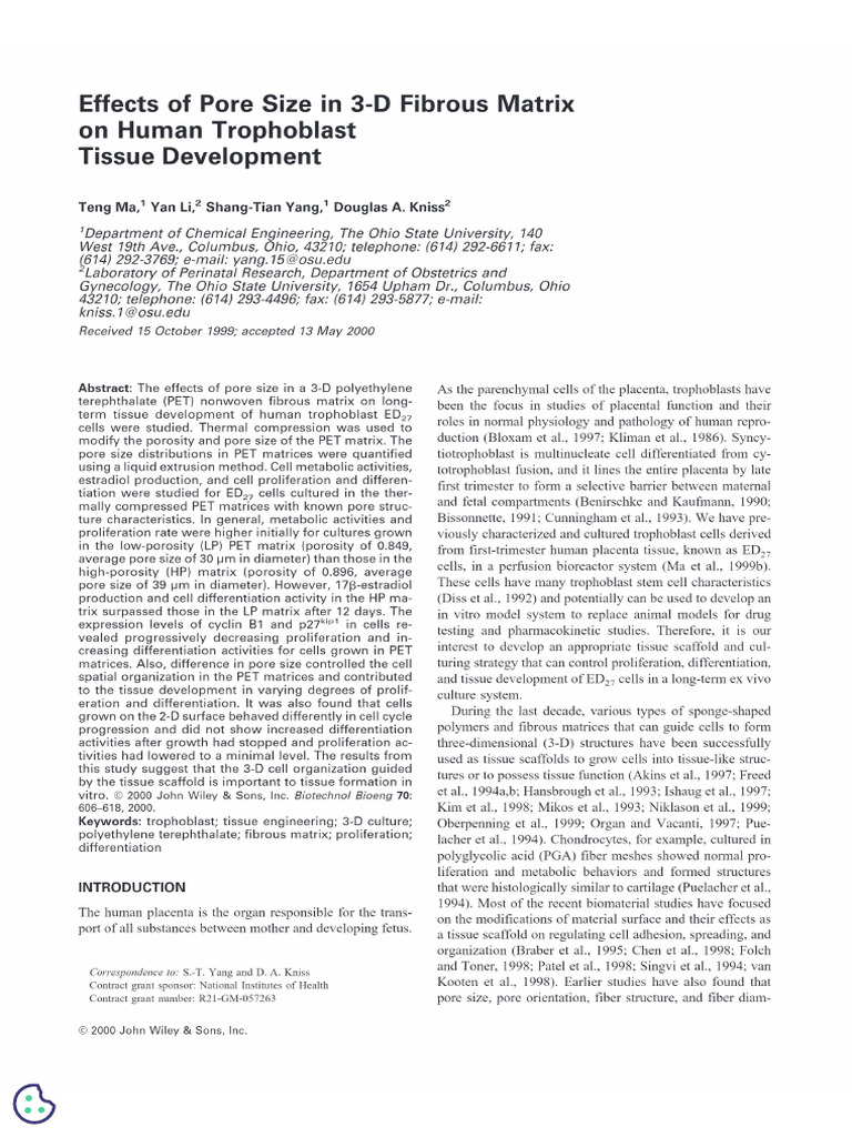 Effects of Pore Size in 3 D Fibrous Matrix On Human Trophoblast Tissue ...