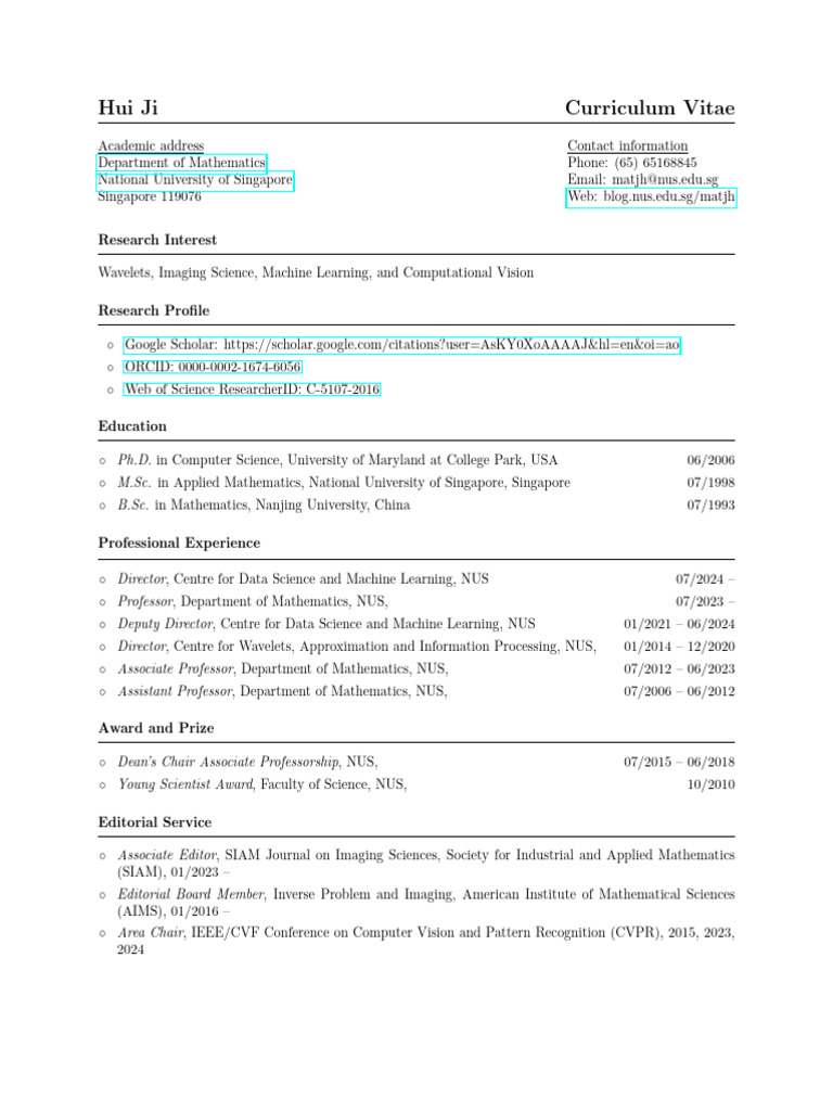 Curriculum Vitae of Hui Ji - NUS Professor | PDF | Deep Learning | Computer Vision