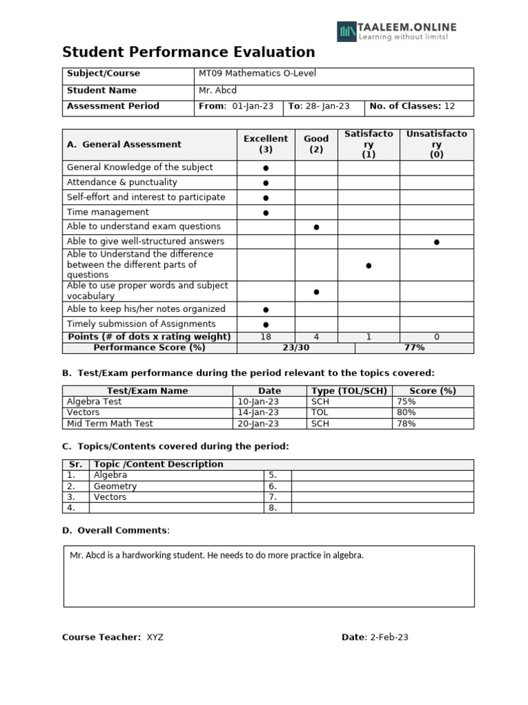 Student Performance Evaluation V2 | PDF
