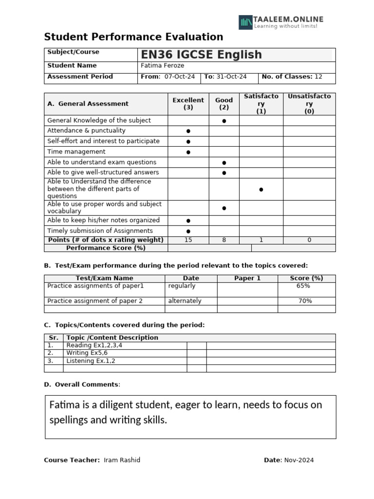 Student Performance Evaluation V2 OCT | PDF