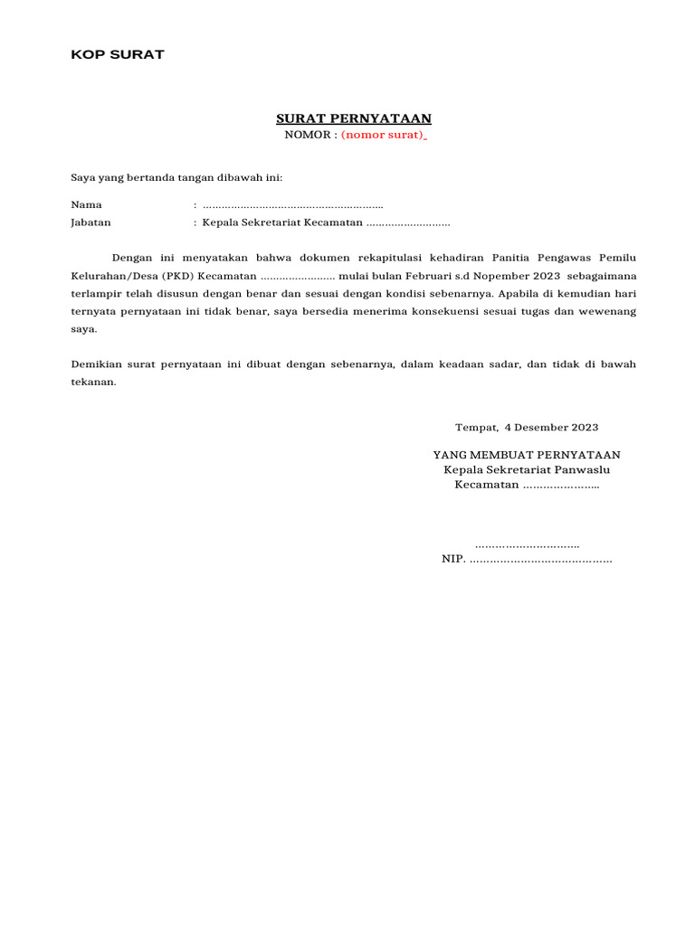 Contoh Surat Pernyataan Tanggung Jawab Atas Daftar Hadir PKD | PDF