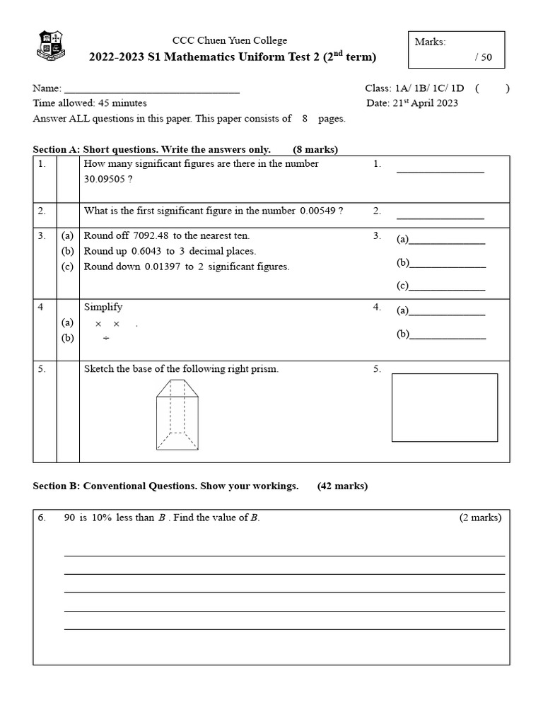 Math - S1 - Test 2 - QP | PDF | Area