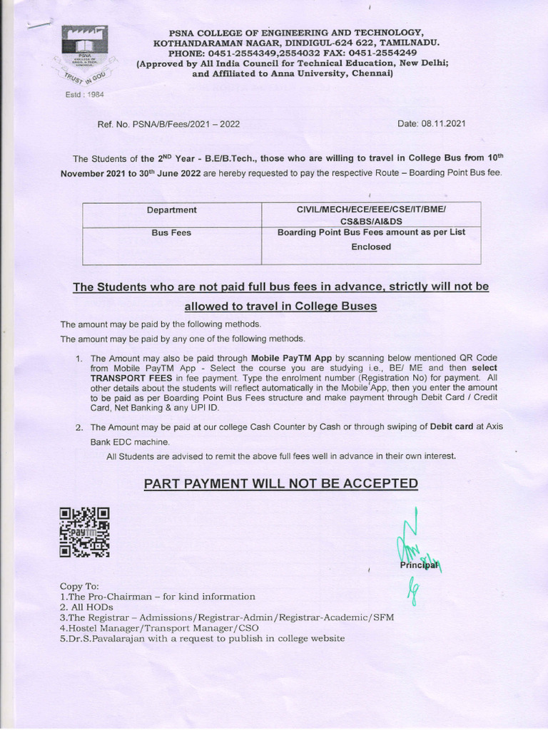 B.E-B.Tech-II Year-Bus Route-Fee Details | PDF