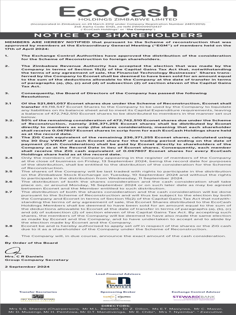 EcoCash Holdings Share Distribution Notice | PDF | Share (Finance) | Taxes