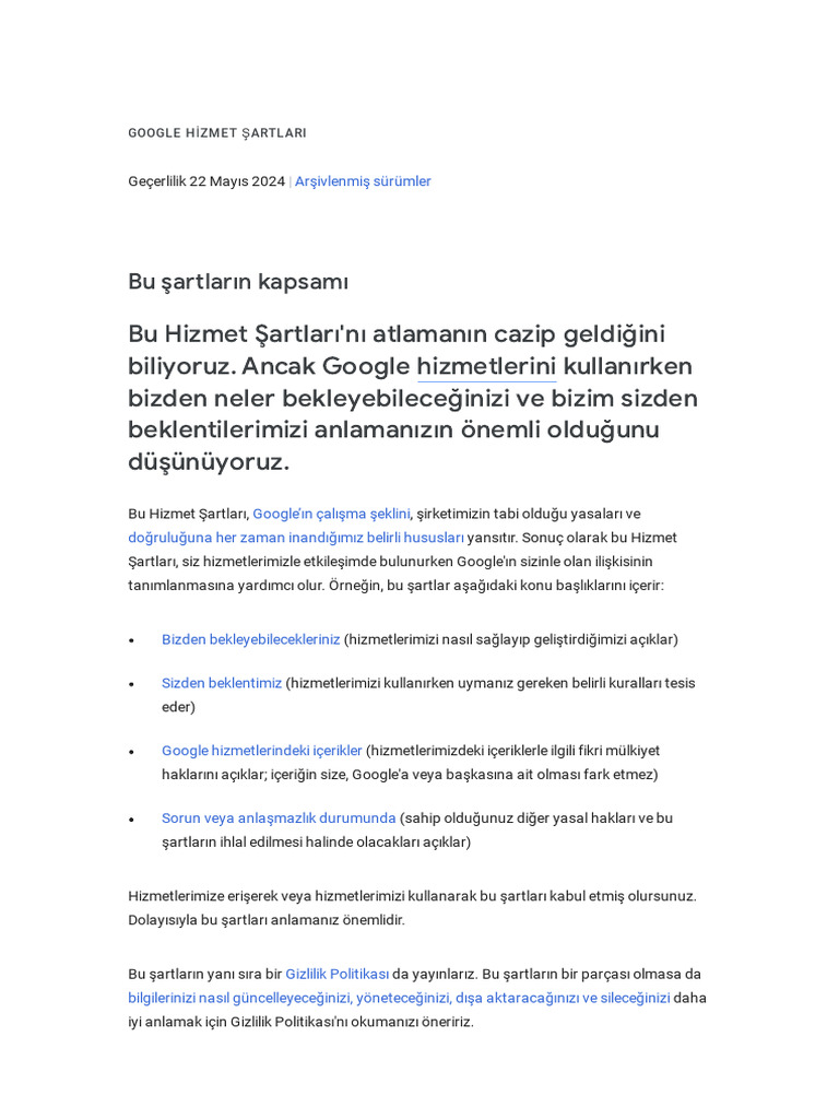 Google Terms of Service TR | PDF