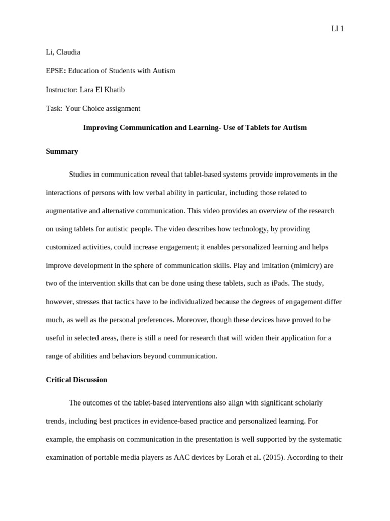 Your Choice Assignment - Tablets For Autism | PDF | Autism Spectrum ...
