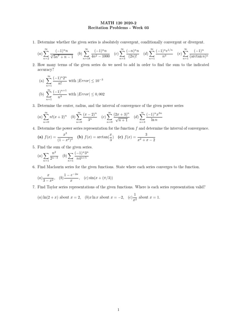 Math120 20202 Recitation Week 03 | PDF | Power Series | Mathematical Objects