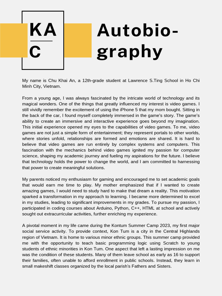 Autobiography + Resume - Khai An | PDF