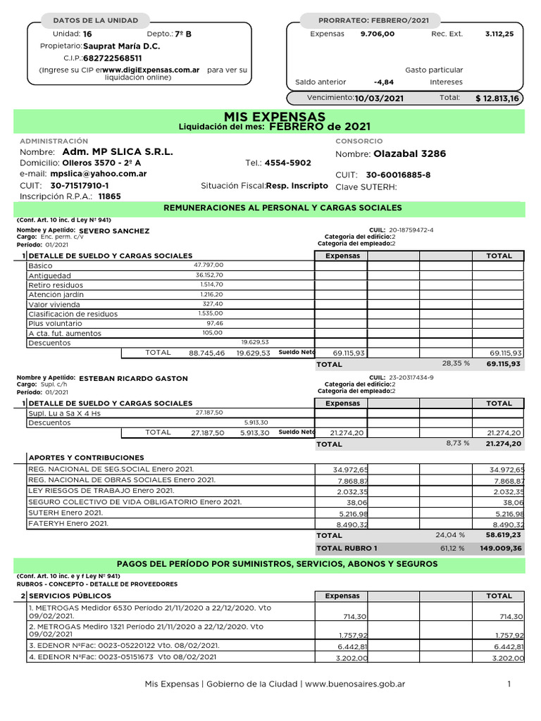 Mis Expensas: Adm. MP Slica S.R.L. Olazabal 3286 | PDF