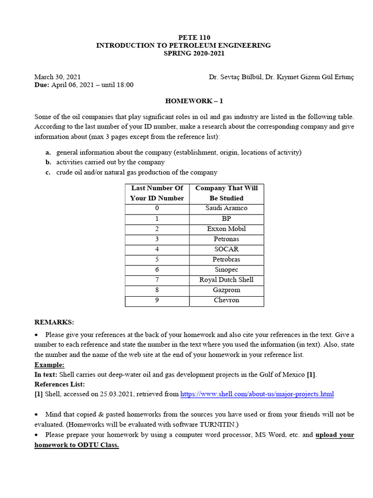 Pete 110 - Spring 2020 - 2021 - Homework 1 | PDF | Petroleum | Petroleum Industry