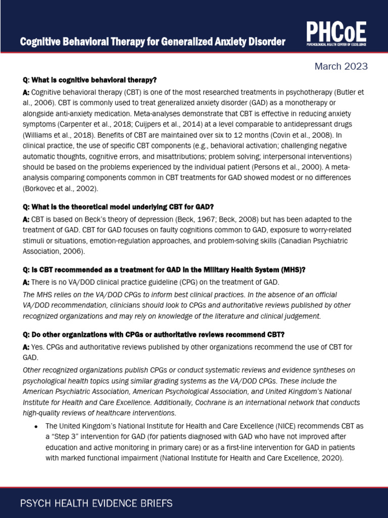 Cognitive Behavioral Therapy For Generalized Anxiety Disorder2023 | PDF | Cognitive Behavioral ...