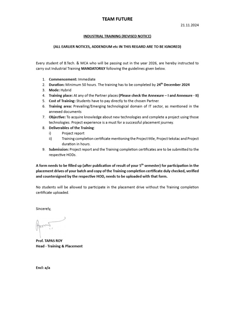 Mandatory Industrial Training for B.Tech & MCA | PDF | Document Object ...