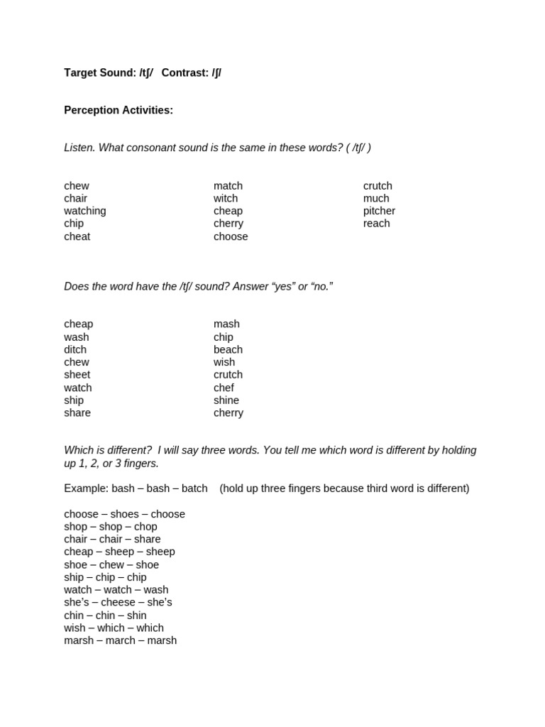 Consonant Contrast SH and CH | PDF