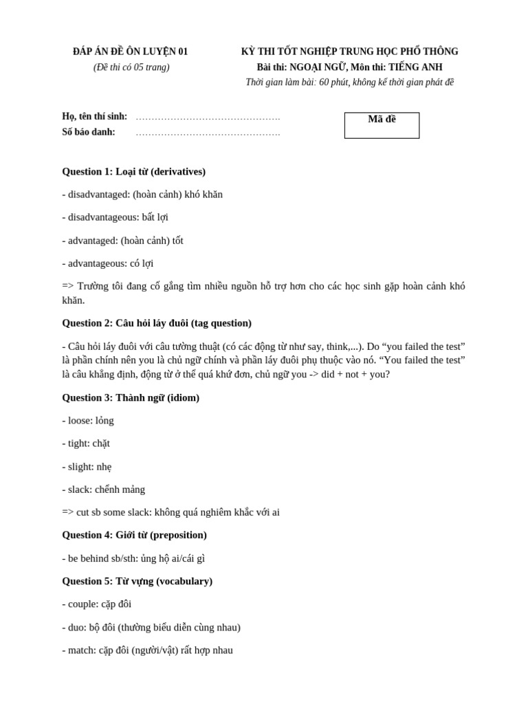 Đăng TTDH Đề 1 DA | PDF
