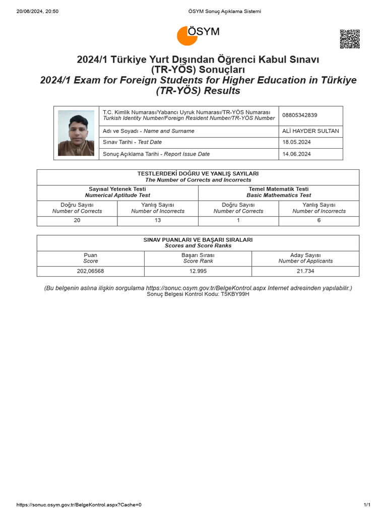 ÖSYM Sonuç Açıklama Sistemi TR YOS Ali | PDF