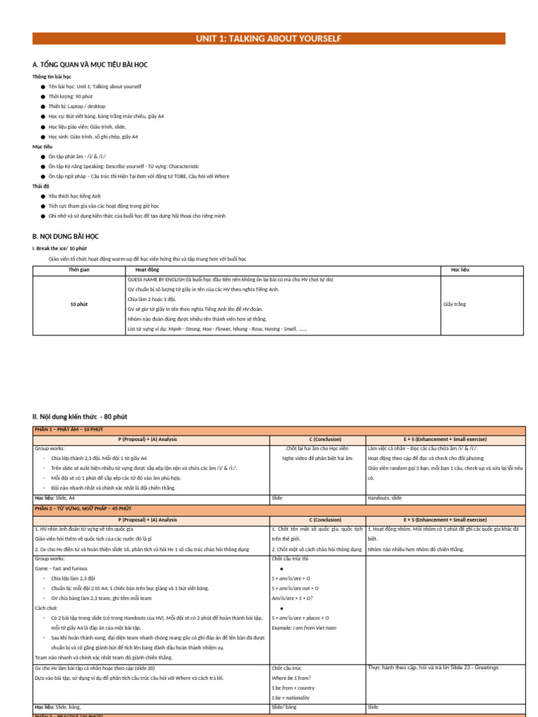 Unit 1. Lesson Plan | PDF