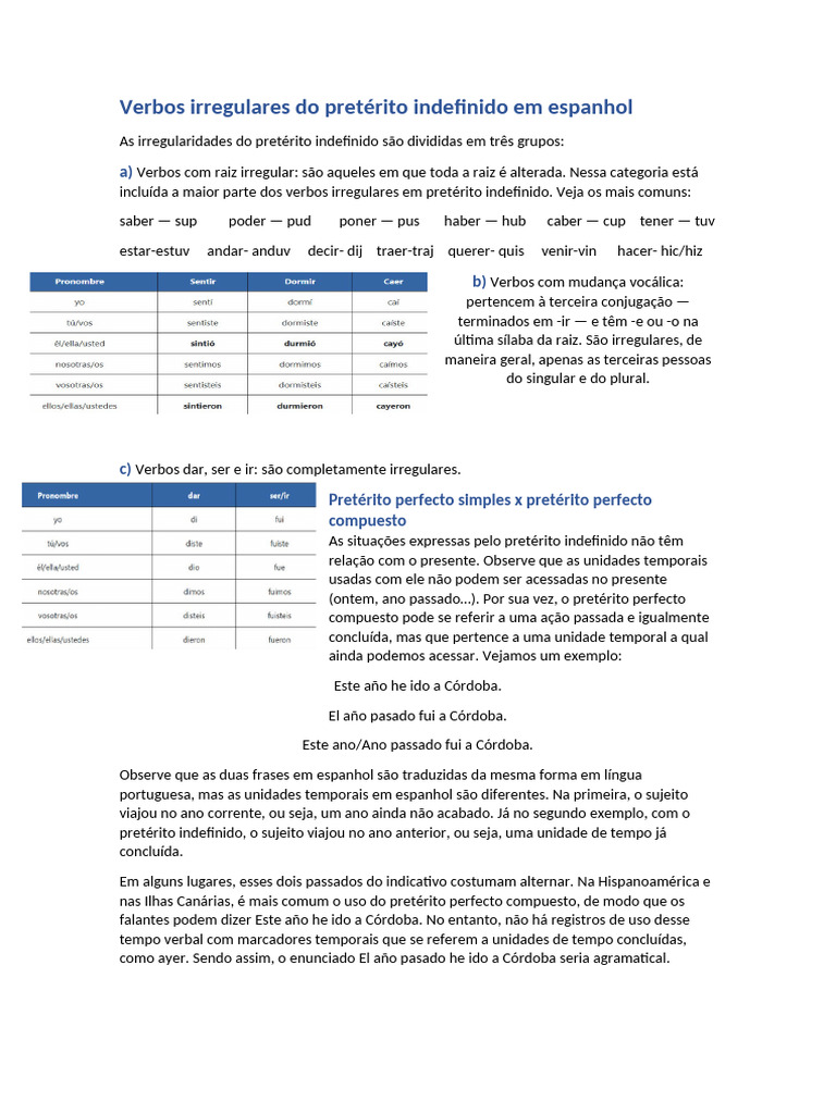 Verbos Irregulares Do Pretérito Indefinido em Espanhol | PDF | Idiomas ...