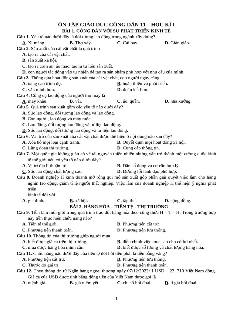 ĐỀ CƯƠNG GDCD 11 | PDF