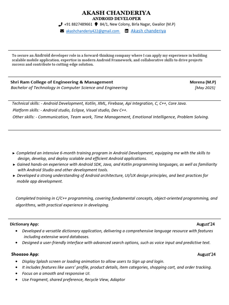 CV Akash | PDF | Android (Operating System) | Computer Programming
