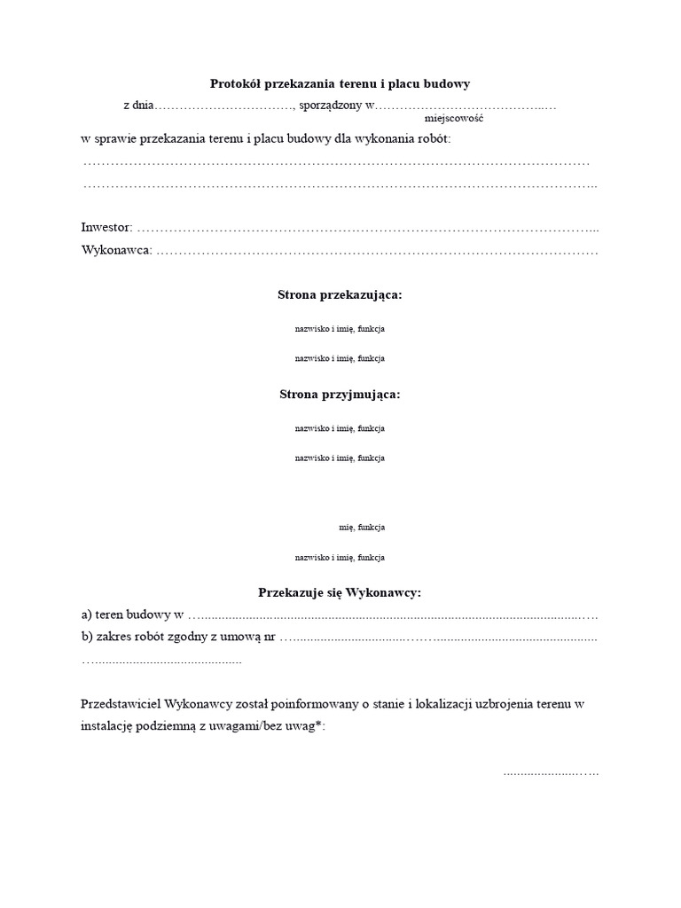 Wzor Protokol Przekazania Terenu I Placu Budowy | PDF