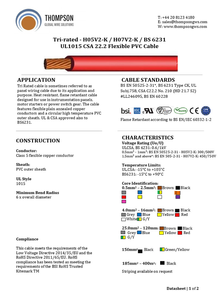 Thompson GWS Tri Rated H05V2 K H07V2 K BS6231 UL1015 CSA 22 2 PVC Cable | PDF | Electricity ...