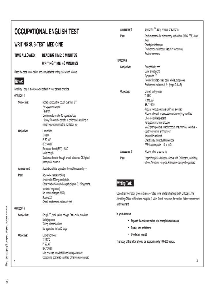 Occupational English Test: Medical Writing Task | PDF | Pneumonia | Cough