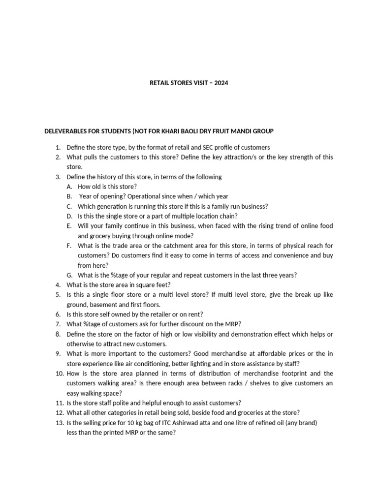 Retail Stores Visit 2024 | PDF | Retail | Grocery Store