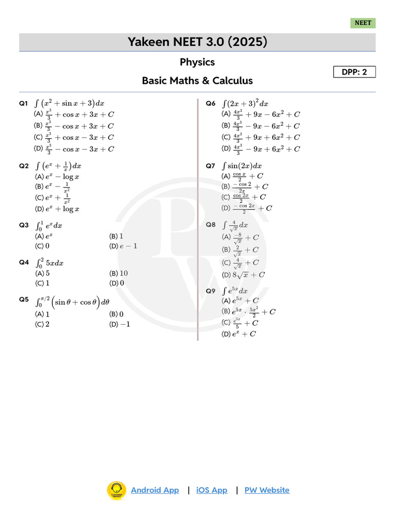 Basic Maths and Calculus: DPP 02 (Of Lec-03) - Yakeen NEET 3.0 2025 | PDF