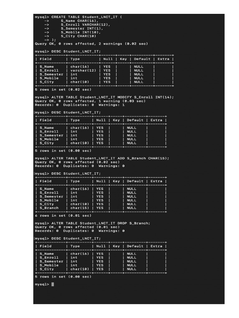 DBMS Experiment 3 DDL Exercise Snapshots | PDF