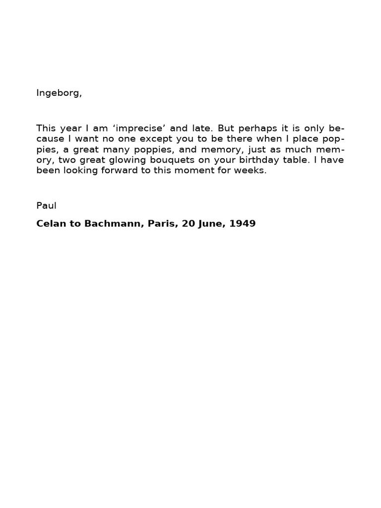 Letter by Paul Celan To Ingeborg Bachmann | PDF