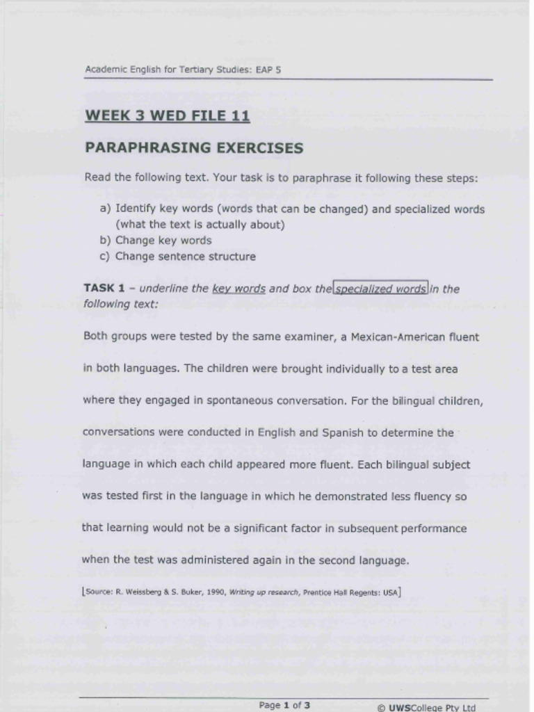 EAP5 Week 3 Wed F11 - Paraphrasing Exercises - No Answers | PDF