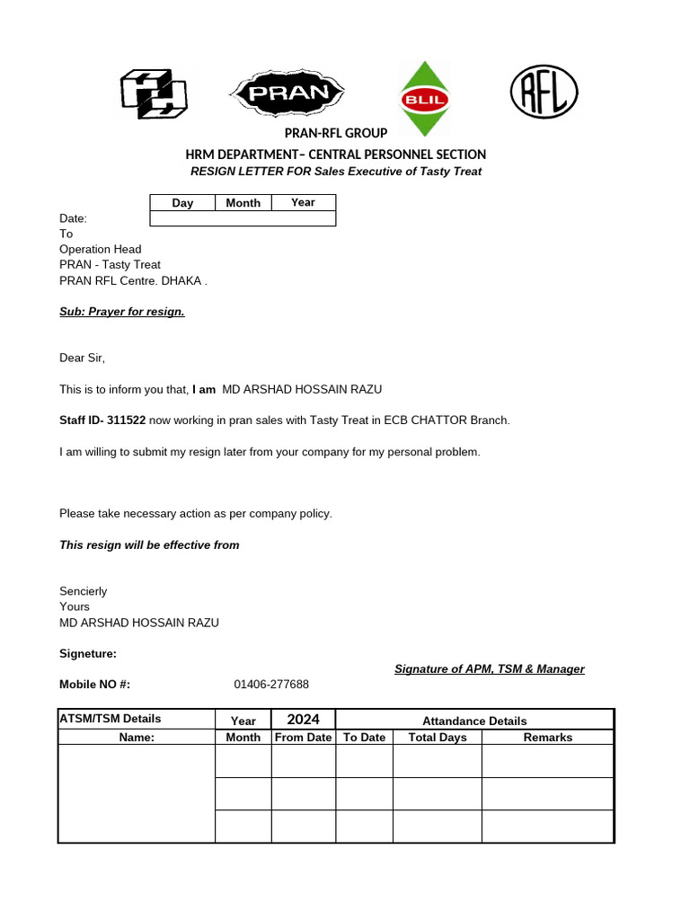 Sales Executive Resign Form | PDF
