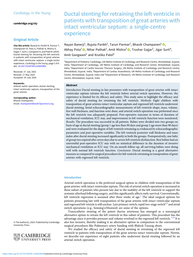 Ductal Stenting For Retraining The Left Ventricle in Patients With Transposition of Great ...