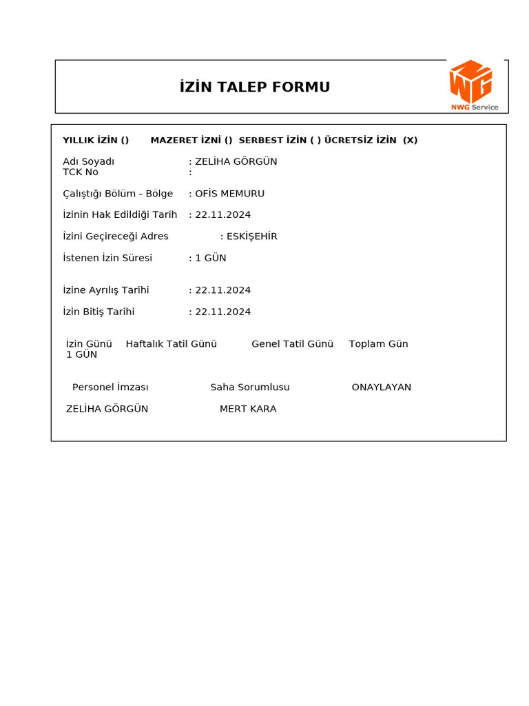 İzi̇n Formu NWG | PDF