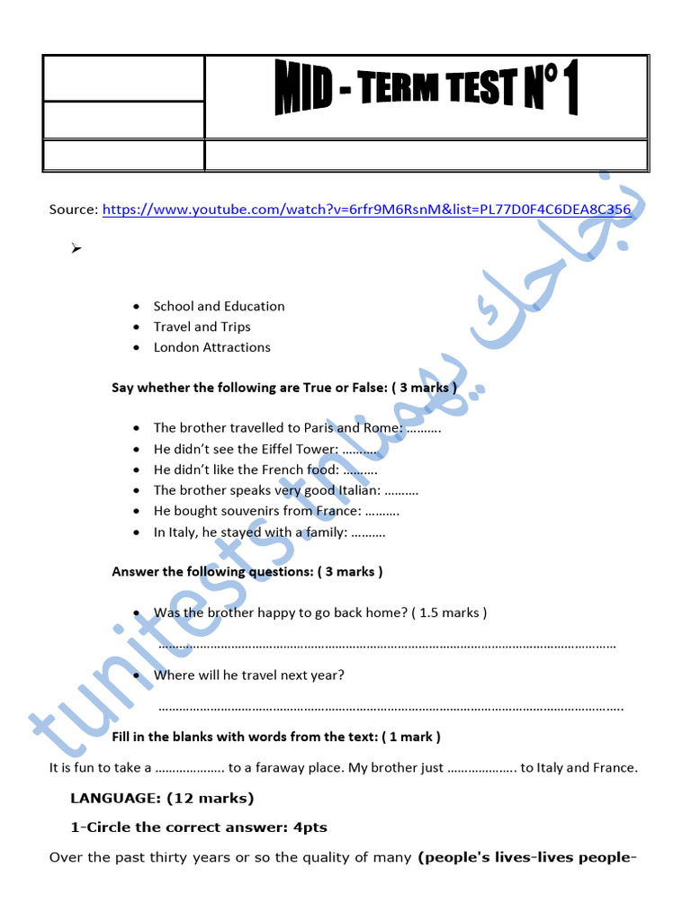 Devoir de Controle N1-8eme Annee de Base-Anglais-. | PDF