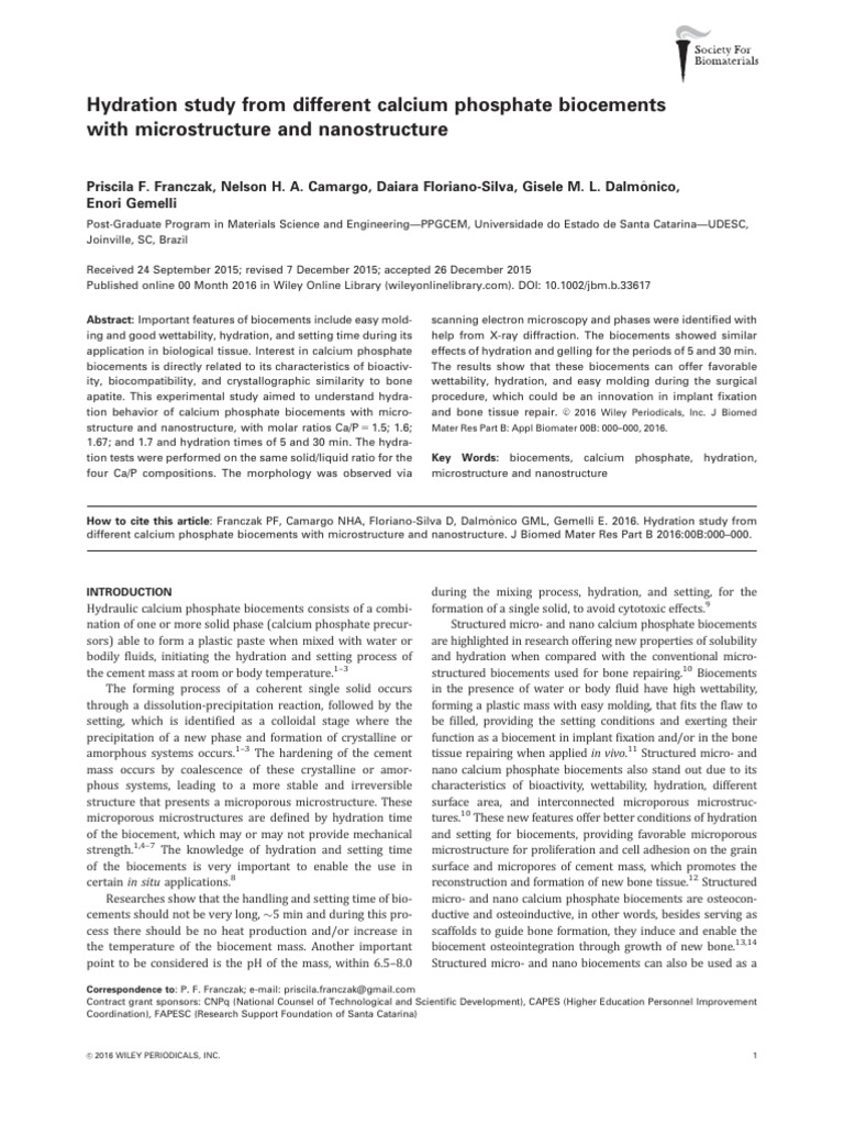 Hydration Study From Different Calcium Phosphate Biocements With ...