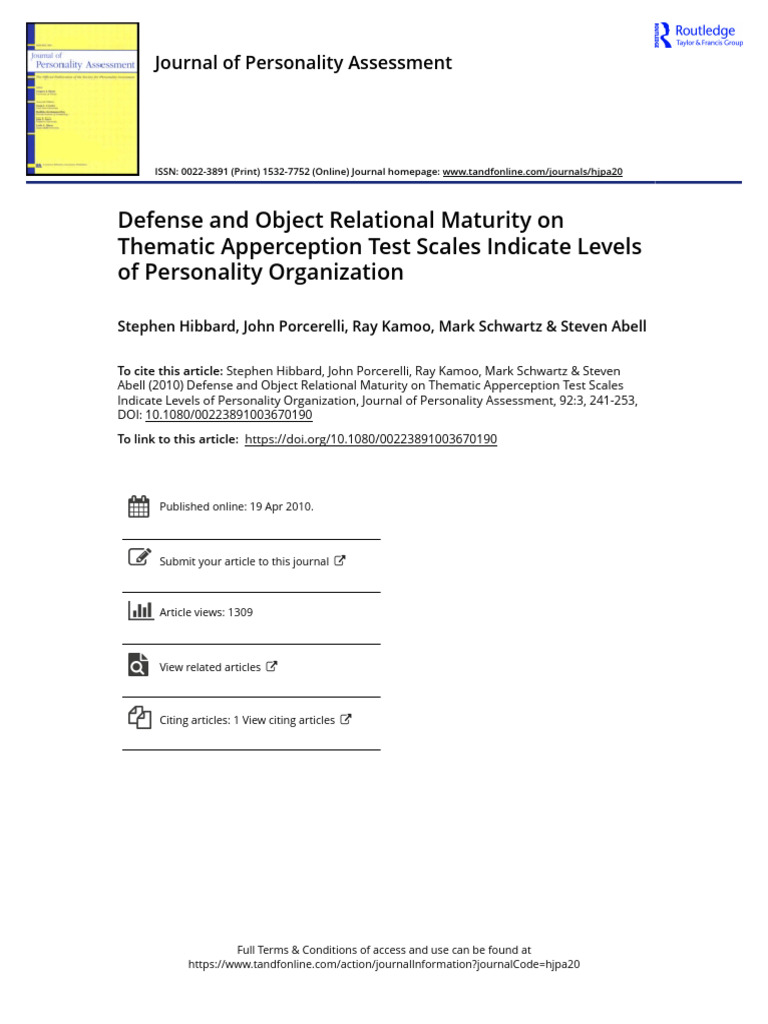Defense and Object Relational Maturity On Thematic Apperception Test ...