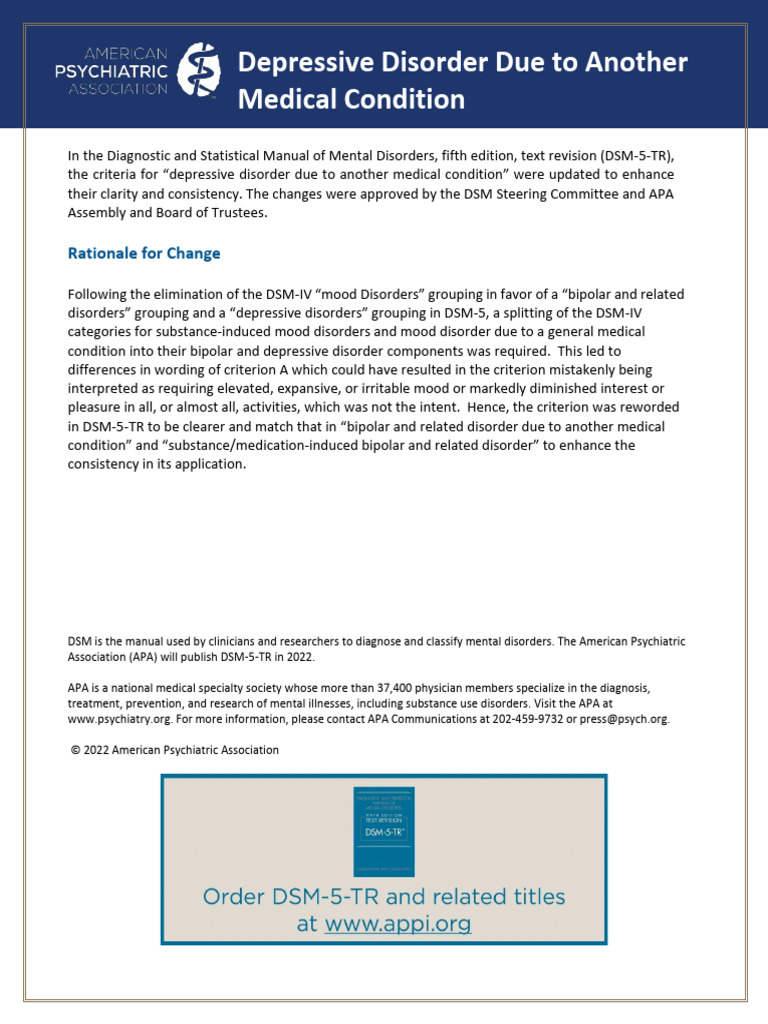 Apa Dsm5tr Depressivedisorderduetoanothermedicalcondition Pdf