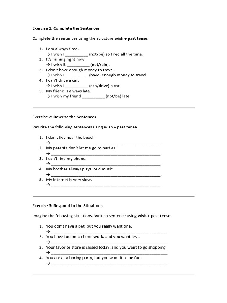 Wish + Past Tense Exercises | PDF